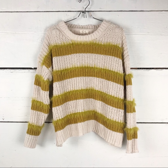 easel | Sweaters | Easel Mustard Yellow Sweater Striped Fur Fringe ...